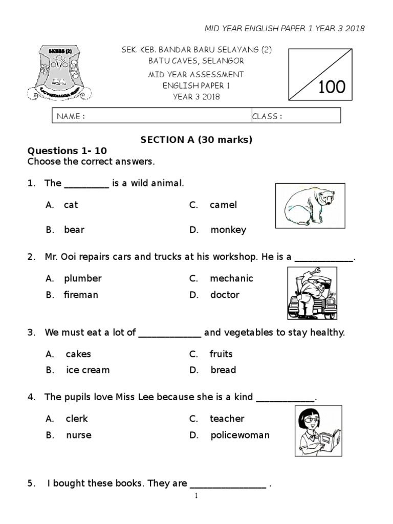 English Year 3 Exam Paper | PDF | Nature
