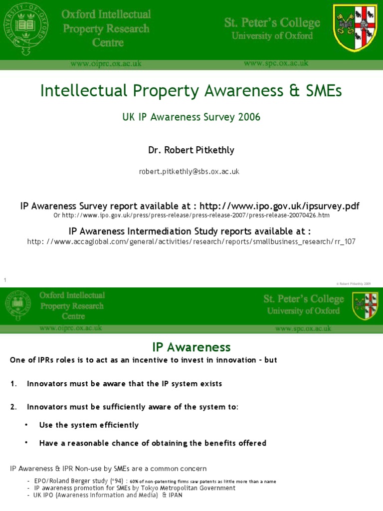 Intellectual Property Awareness & Smes: Uk Ip Awareness Survey 2006 ...