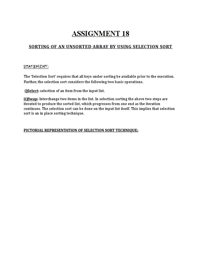 Assignment 1 8: Sorting of An Unsorted Array by Using Selection Sort | PDF | Theoretical ...