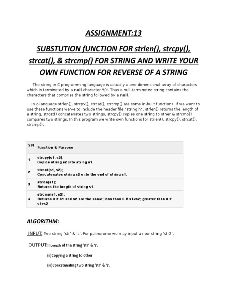 Assignment13 Substution Function For Strlen Strcpy Strcat And Strcmp For String And Write Your