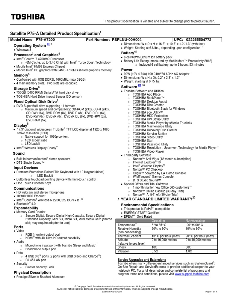 Satellite P75 A7200 | PDF | Personal Computers | Computer Data Storage