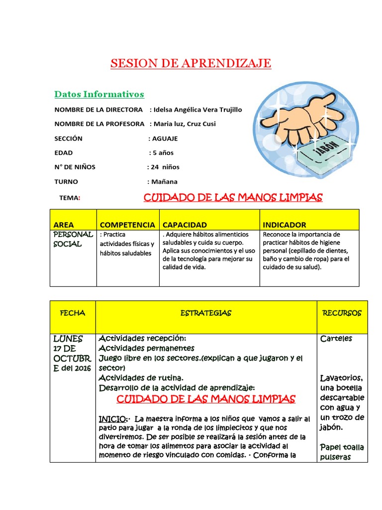 Sesión de Aprendizaje: Lavado de Manos | PDF | Lavado de manos | Aprendizaje