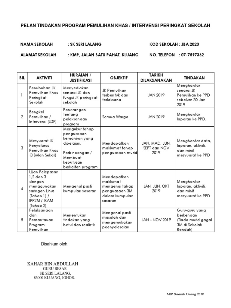 Pelan Tindakan Program Pemulihan Khas 2019 | PDF