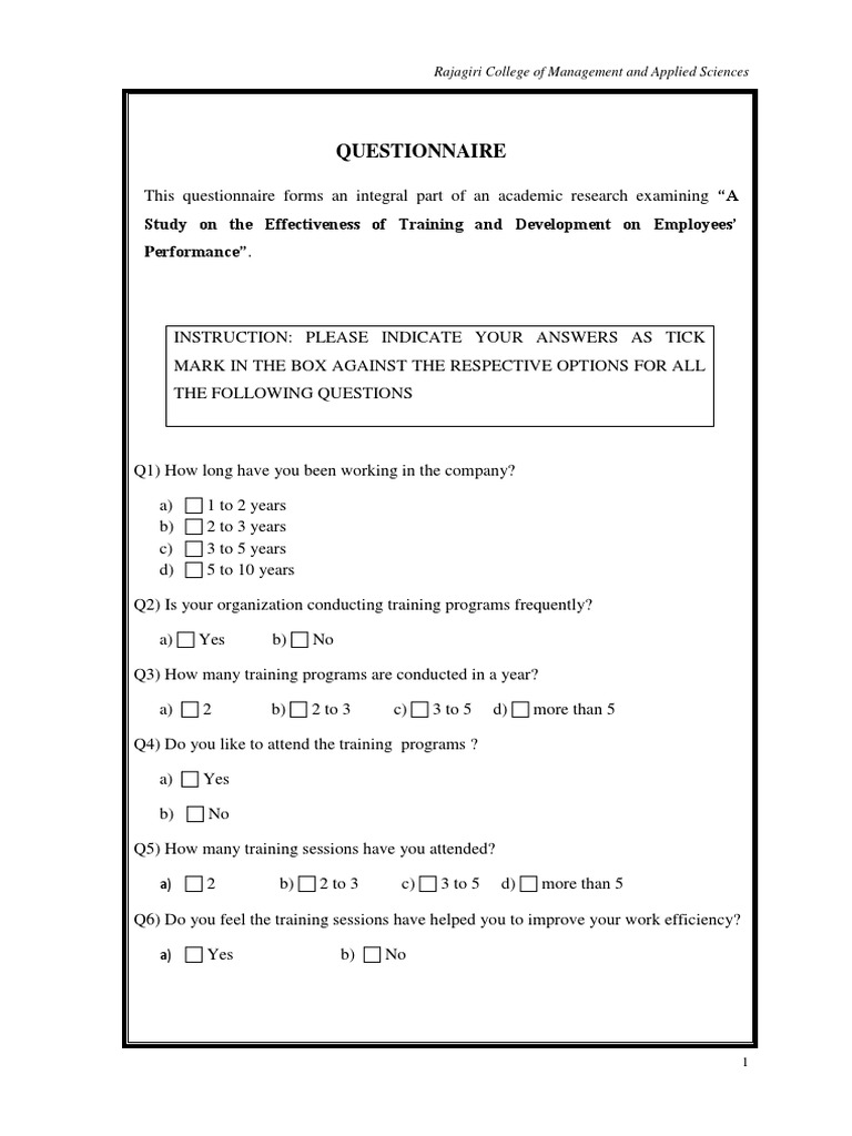 Questionnaire: Study On The Effectiveness of Training and Development ...