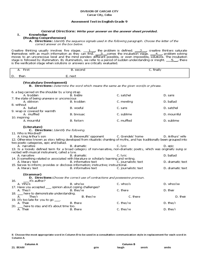 Grade 9 English Assessment Test | PDF | Poetry | Cognition