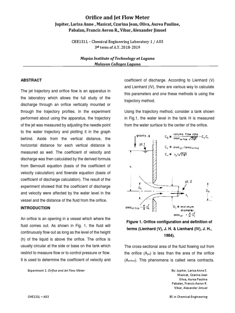 Orifice and Jet Flow Experiment Report | PDF | Flow Measurement | Physics