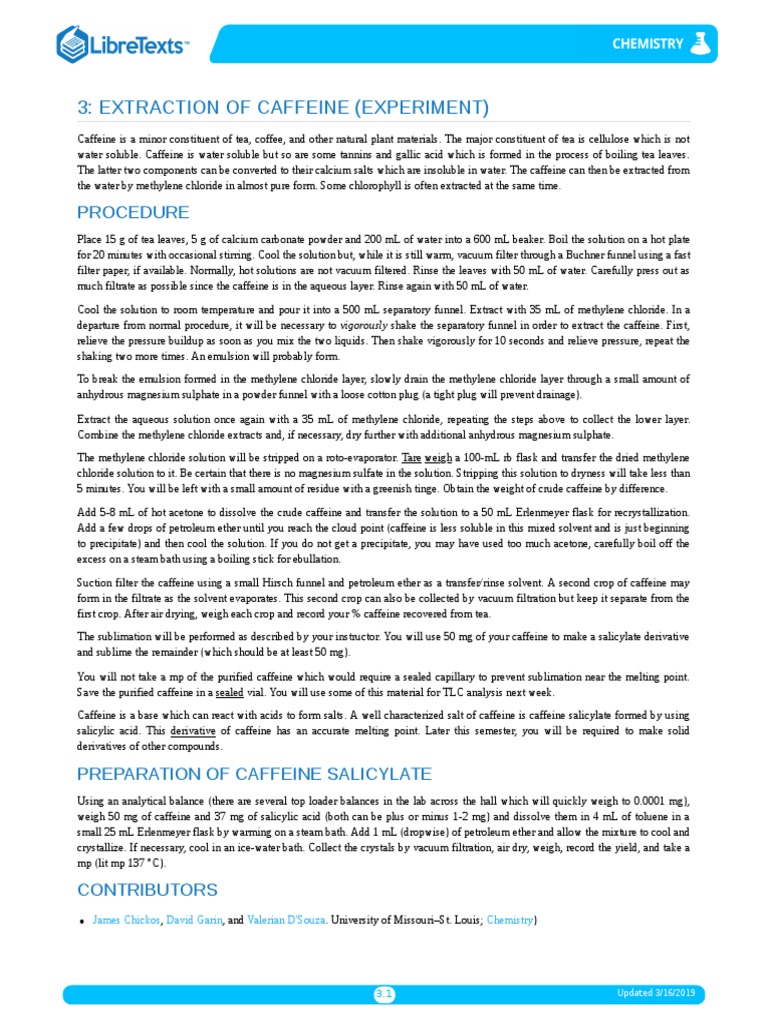 3: Extraction of Caffeine (Experiment) : Procedure | PDF | Filtration ...