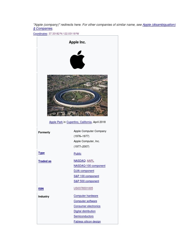Apple Inc.: "Apple (Company) " Redirects Here. For Other Companies of ...