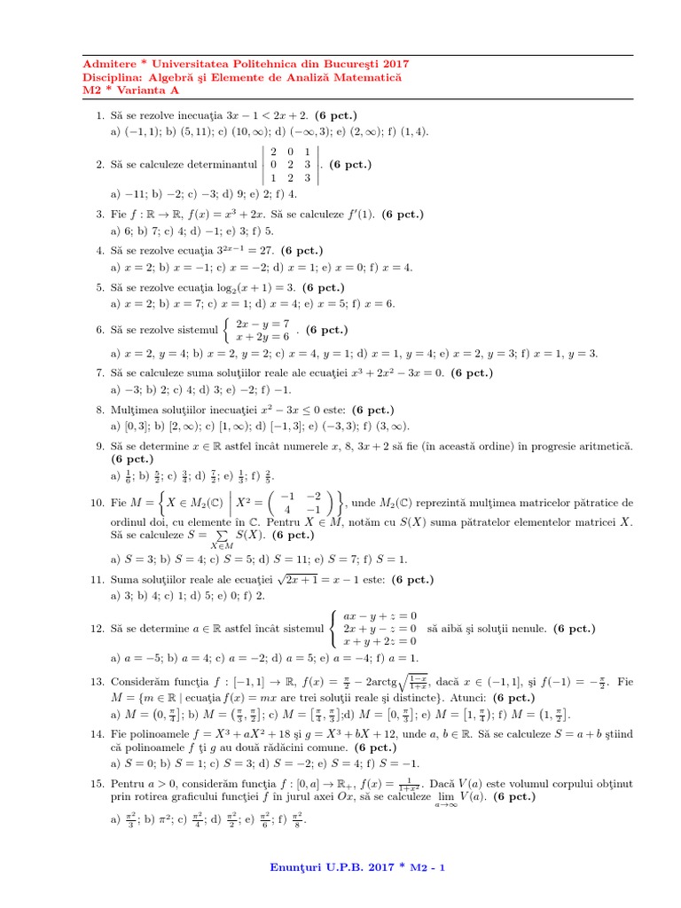 Algebra Si Elemente de Analiza Matematica 2017 - M2 PDF | PDF