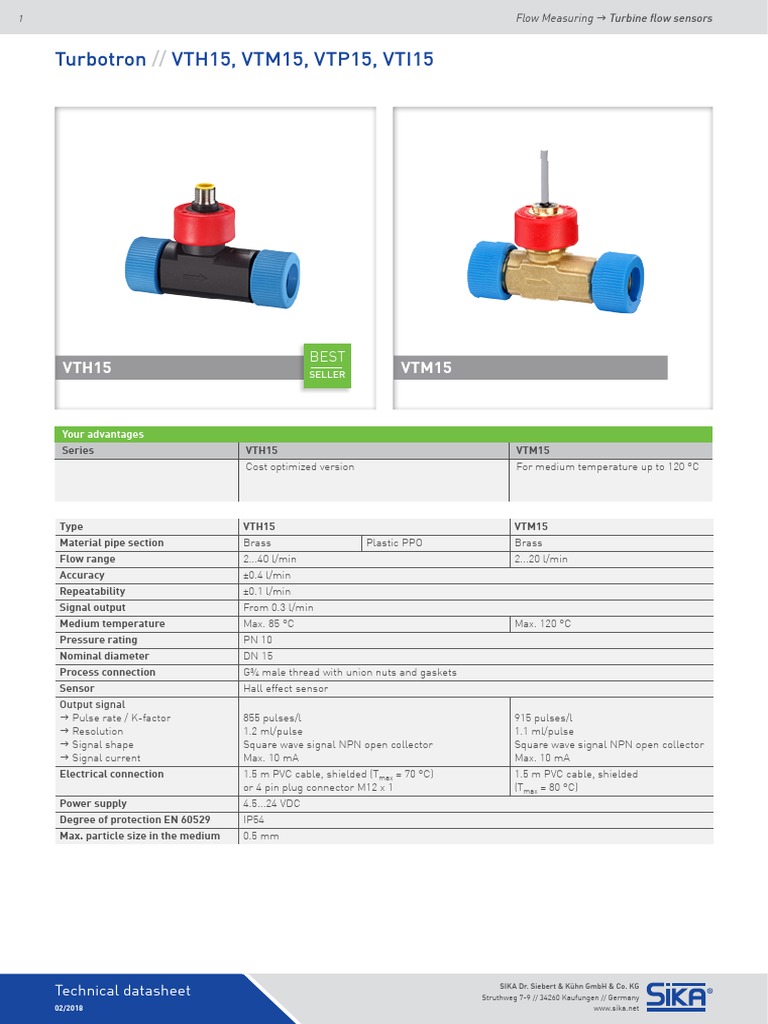 Datasheet Flow Turbine Flow Sensors Turbotron VT15 | PDF | Sensor | Flow Measurement