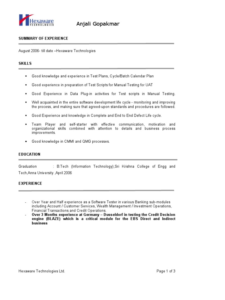Anjali Gopakumar Resume | PDF | Software Testing | Business Process