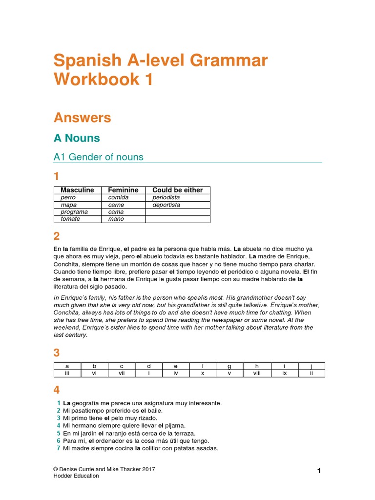 Spanish Grammar Workbook 1 ANSWERS | PDF