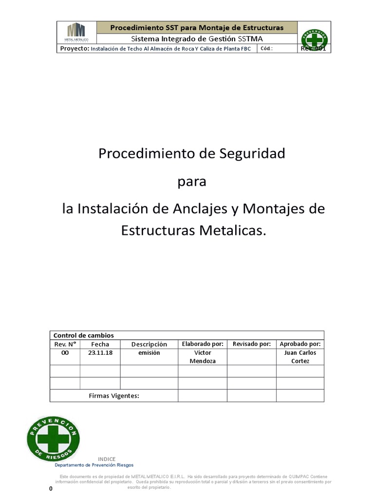 Procedimiento de Seguridad para la Instalación de Anclajes y Montajes de Estructuras Metalicas ...