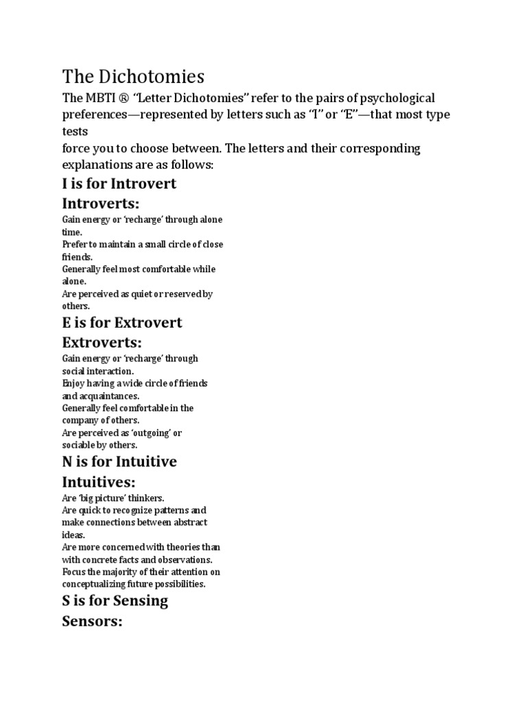 Understanding MBTI Dichotomies | PDF | Extraversion And Introversion ...