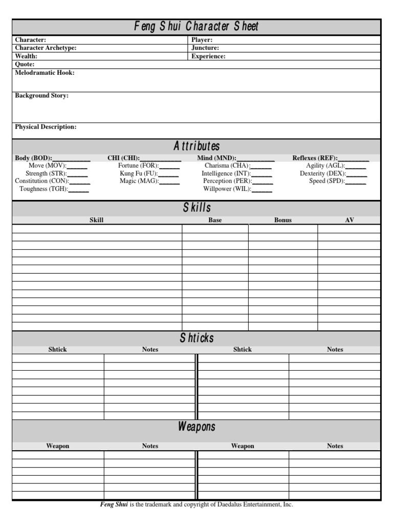 Feng Shui RPG Character Sheet | PDF