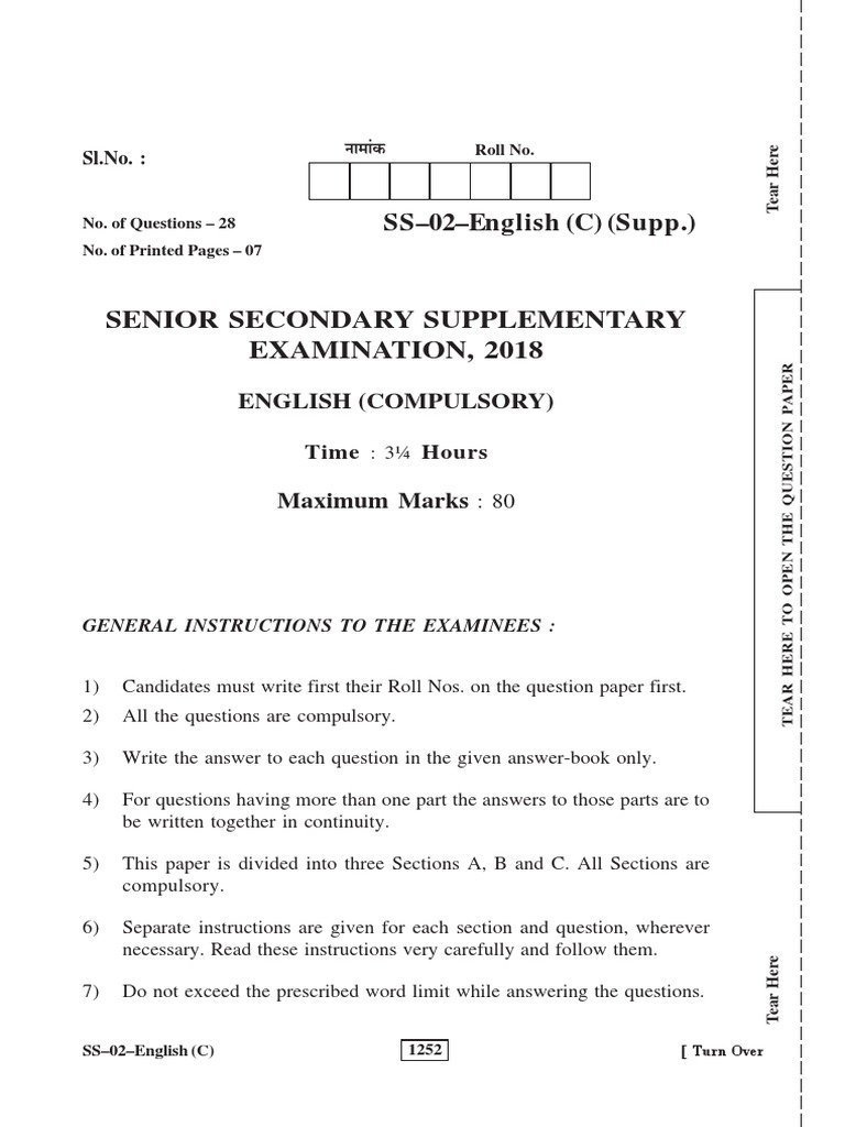Senior Secondary Supplementary Examination, 2018: SS-02-English (C ...