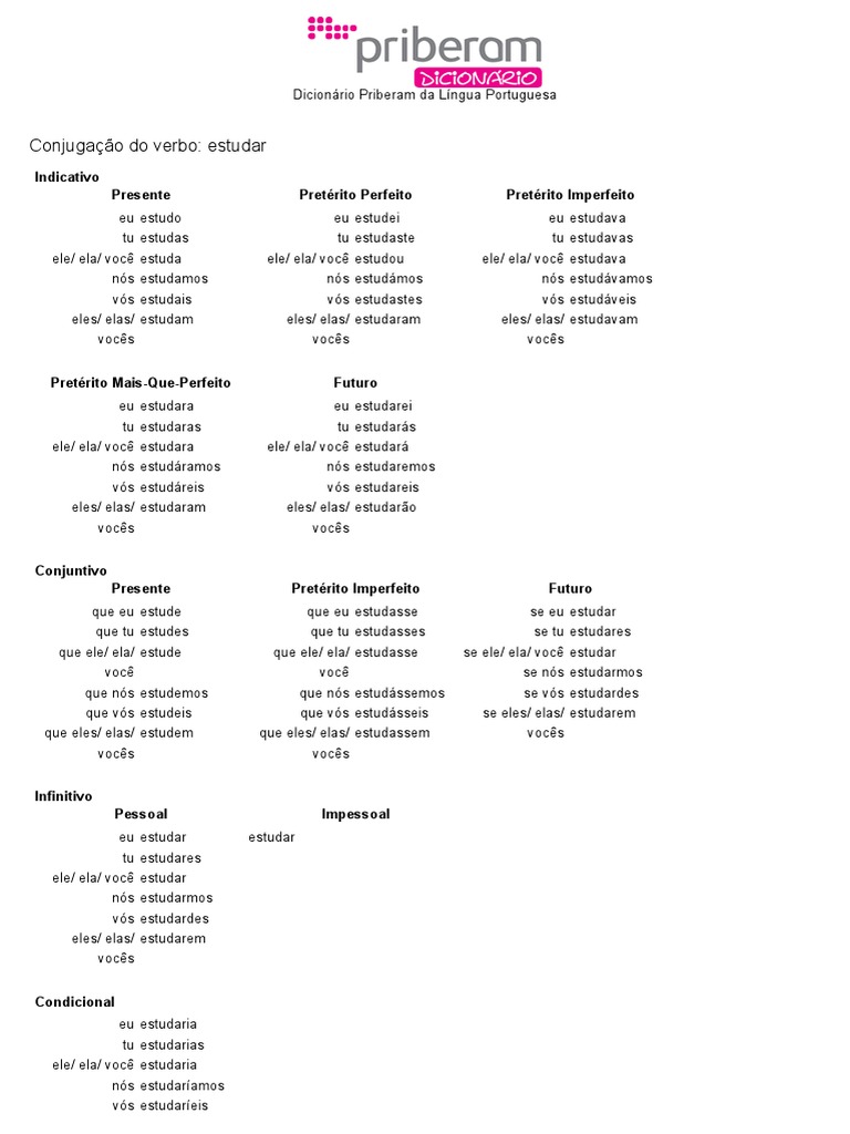 Conjugação Do Verbo Estudar No Dicionário Priberam | PDF | Conjugação ...