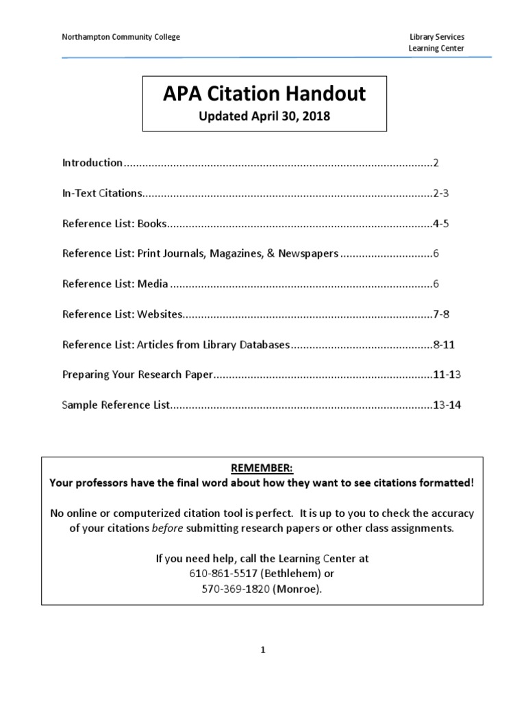 APA Citation Handout: Updated April 30, 2018 | PDF | Apa Style | Citation