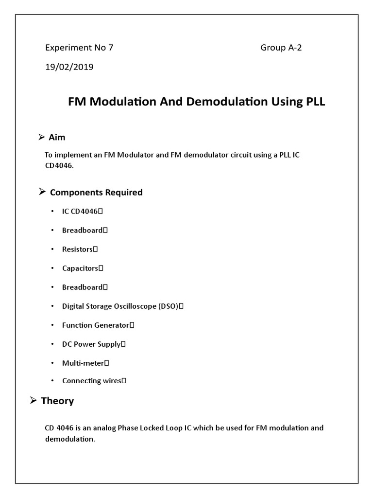 FM Modulation and Demodulation Using PLL: Experiment No 7 Group A-2 19 ...
