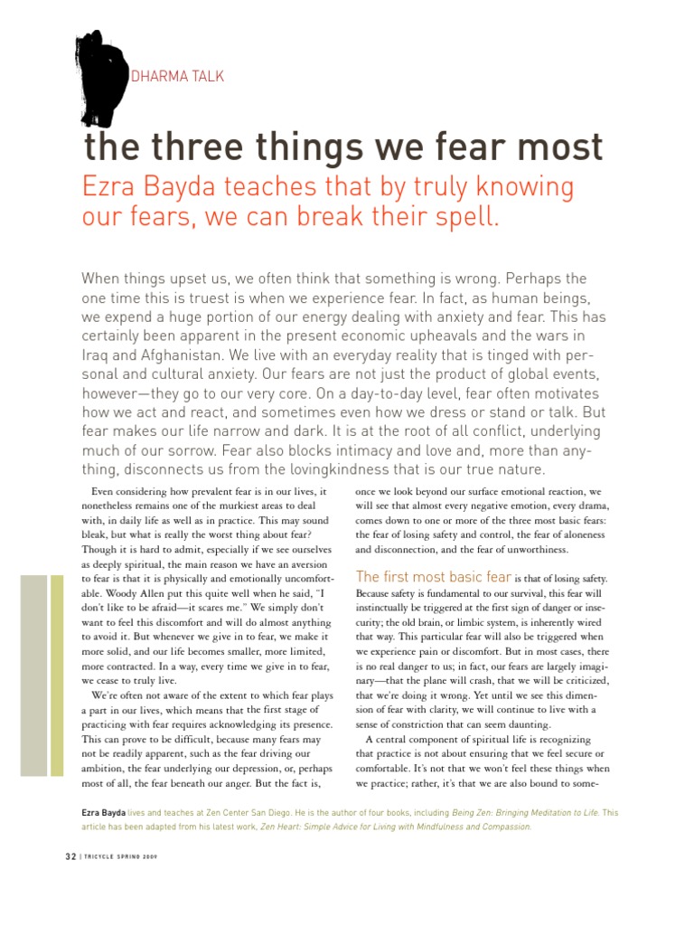 The Three Things We Fear Most: Ezra Bayda Teaches That by Truly Knowing ...