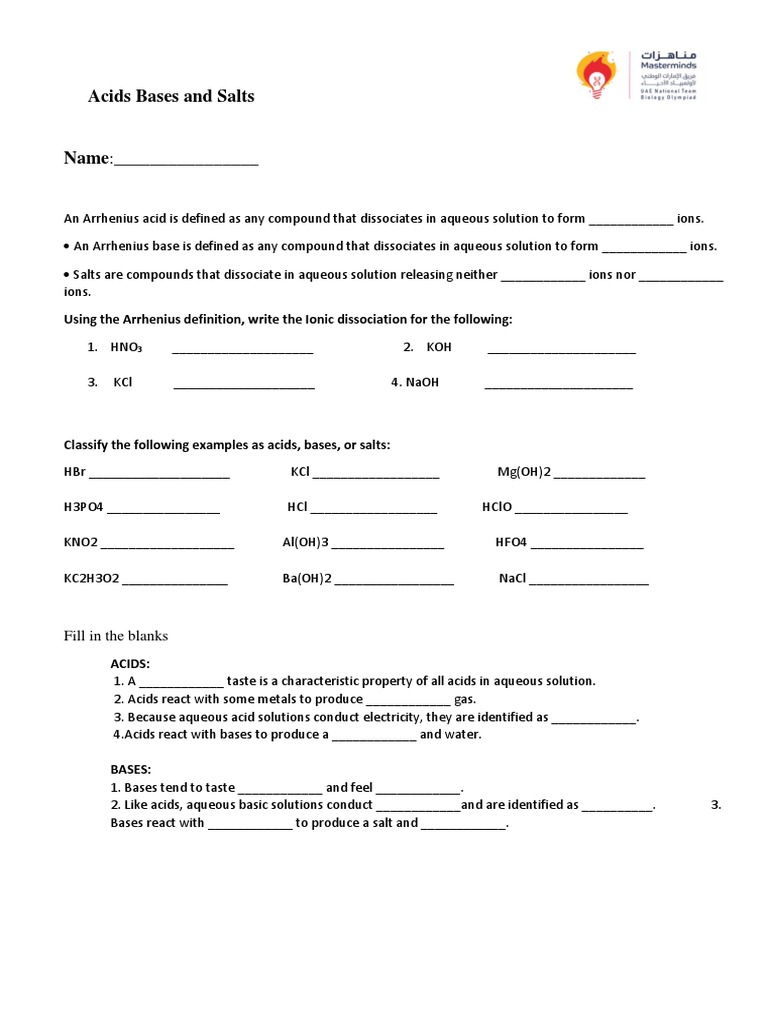Acids, Bases, and Salts Worksheet | PDF | Acid | Hydroxide