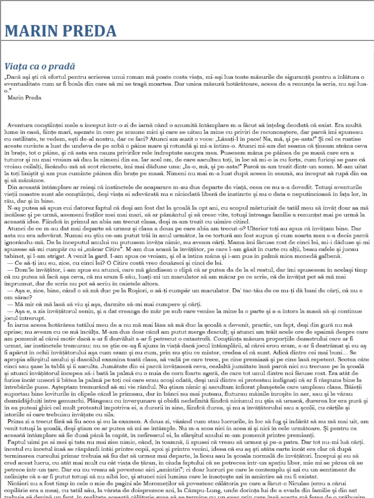 Marin Preda - Viata Ca O Prada PDF | PDF