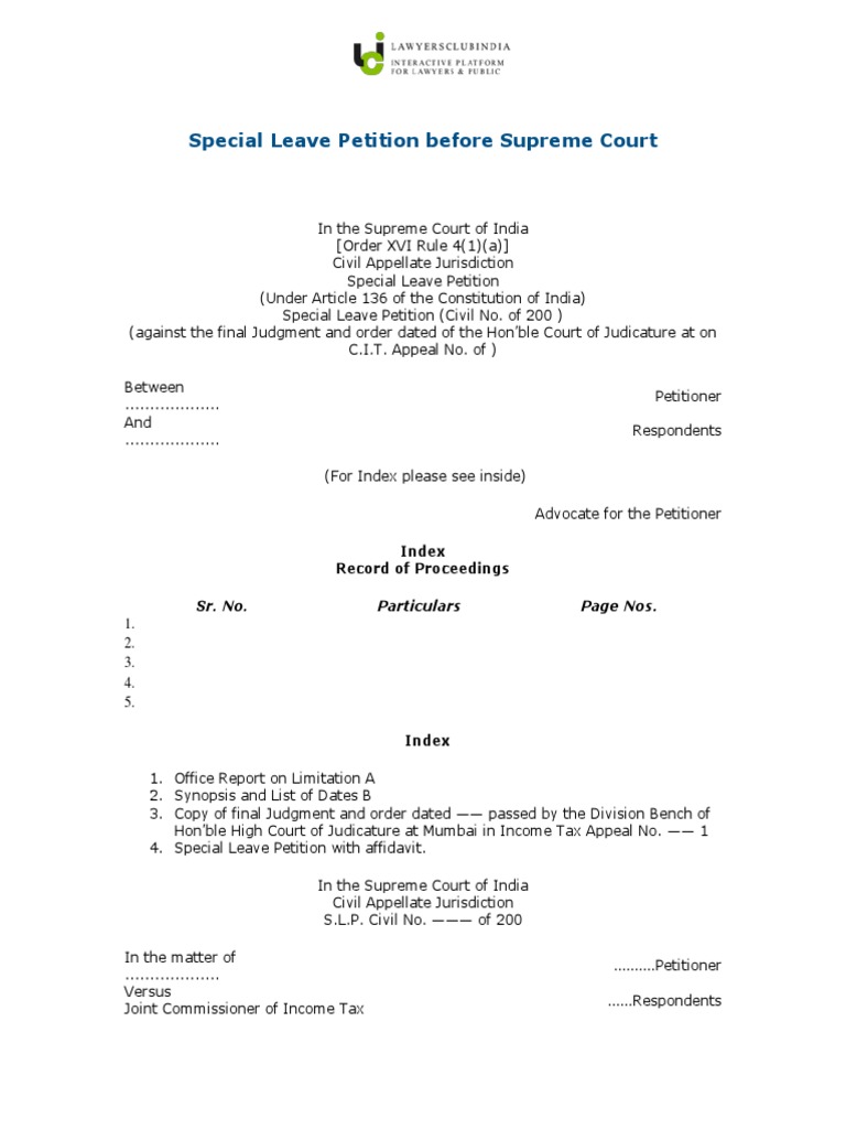 Special Leave Petition Format Guide | PDF | Supreme Courts | Judgment (Law)