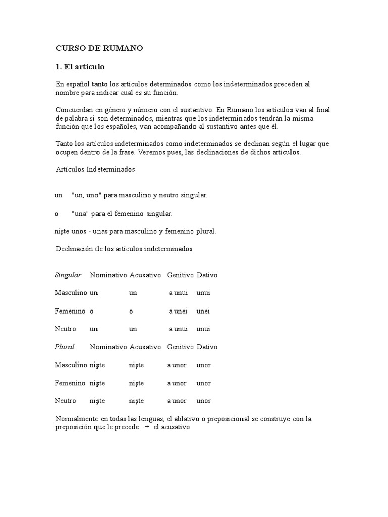 Curso De Rumano 1. El artículo: Singular Nominativo Acusativo Genitivo ...