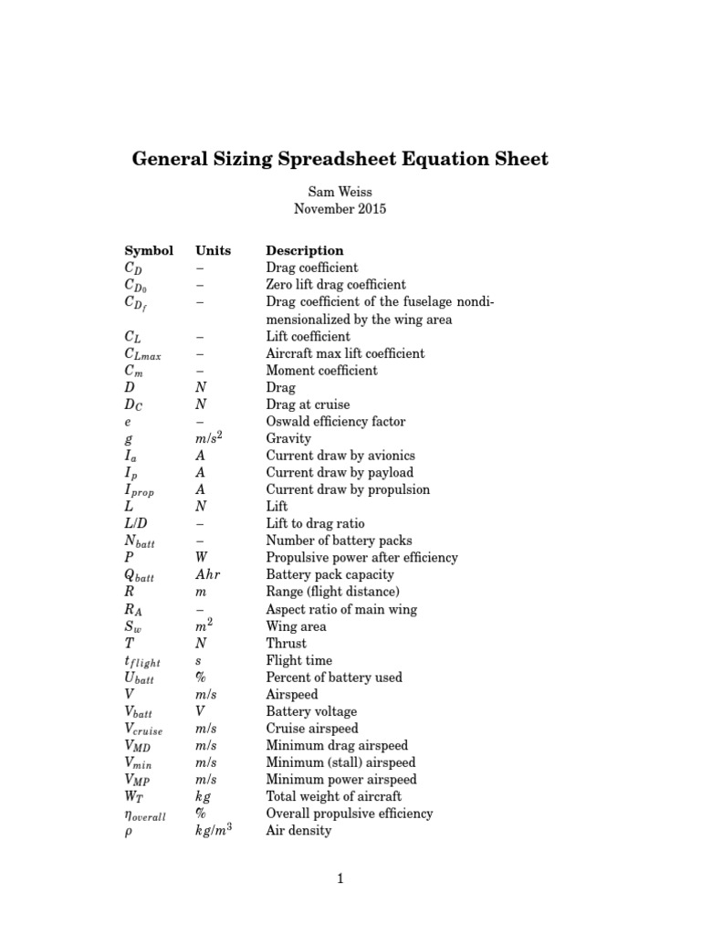 General Sizing Spreadsheet Equation Sheet | PDF | Drag (Physics ...