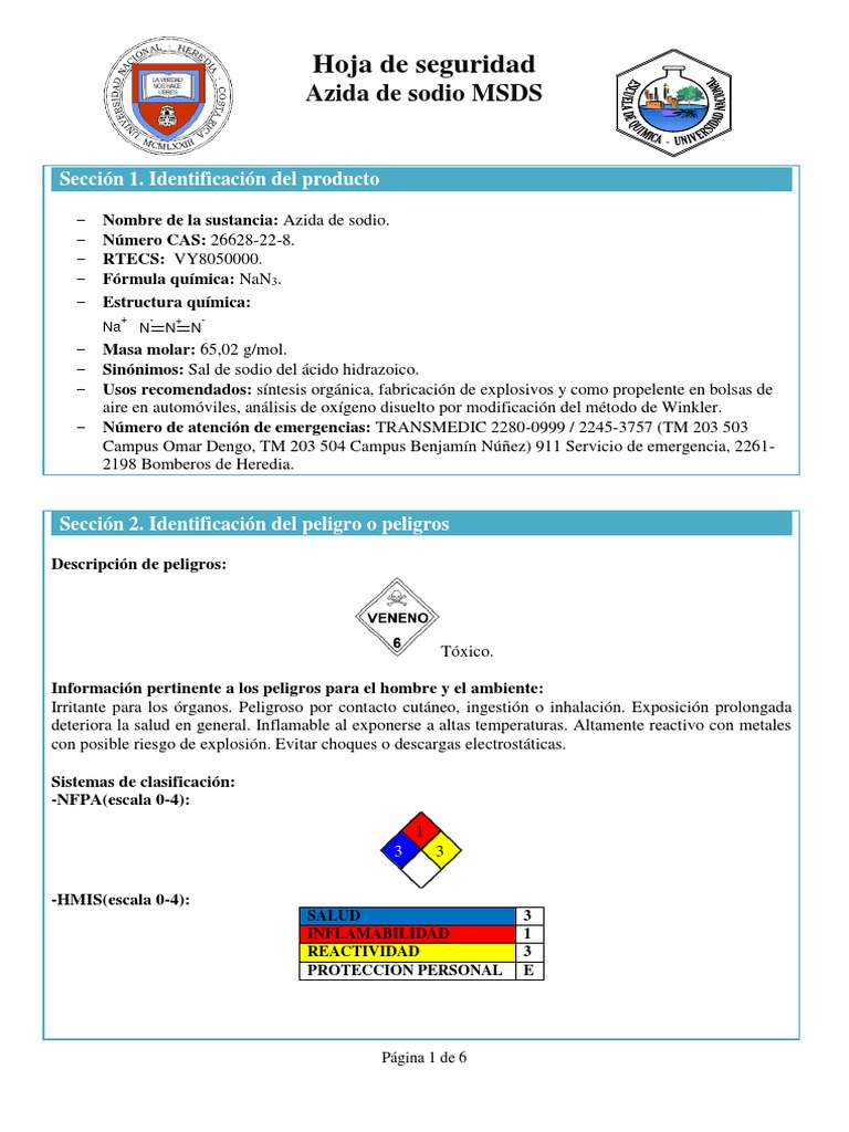 Hoja de Seguridad: Azida de Sodio MSDS | PDF | Agua | Residuos