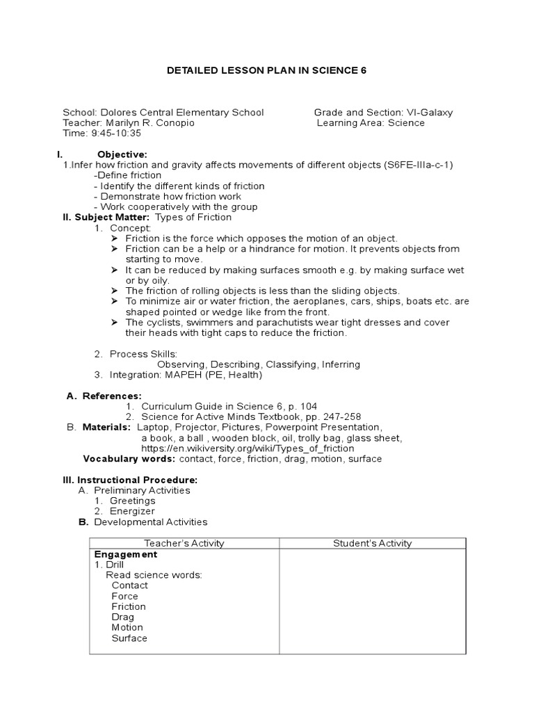 Types of Friction Lesson Plan for Grade 6 | PDF | Friction | Force