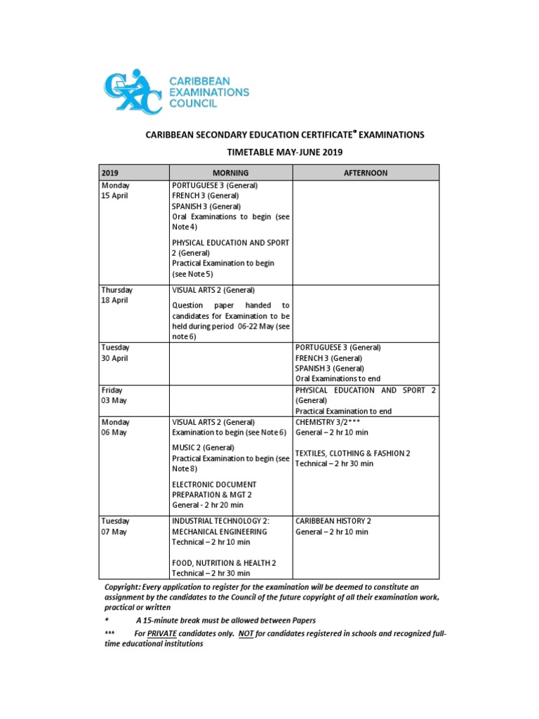 Csec Timetable 2019 | PDF