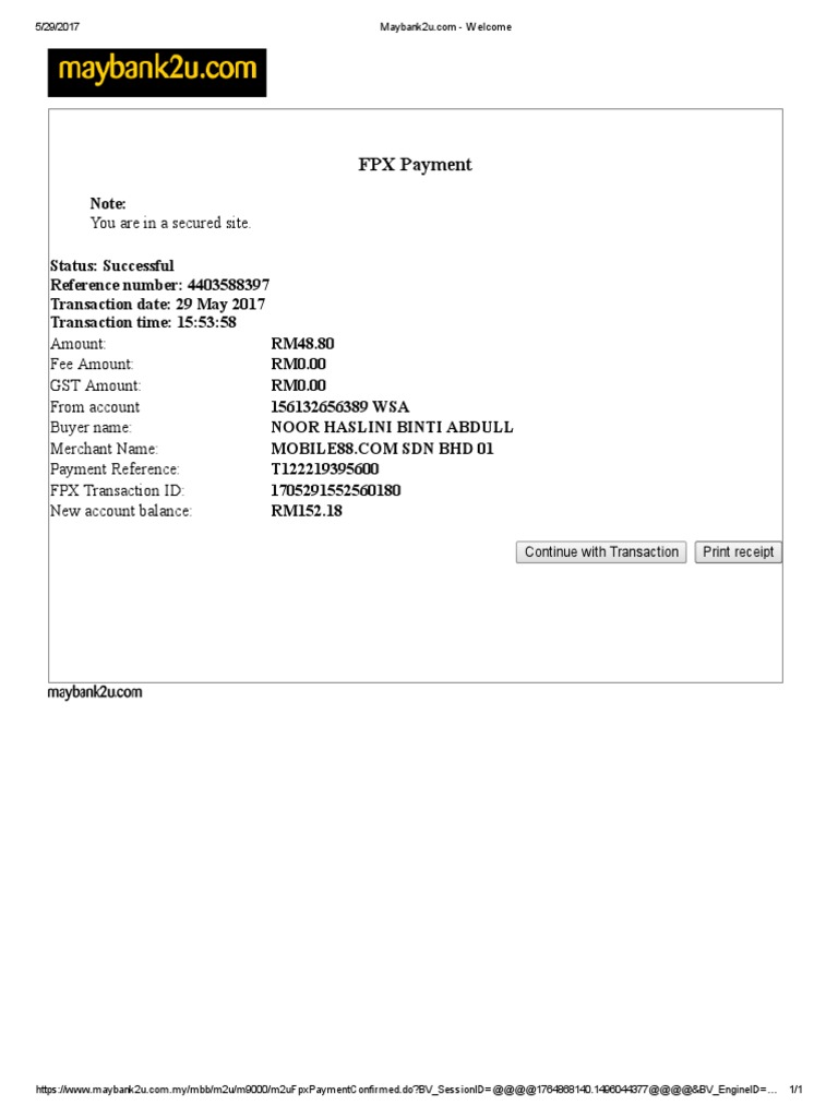 FPX Payment: Continue With Transaction Print Receipt | PDF