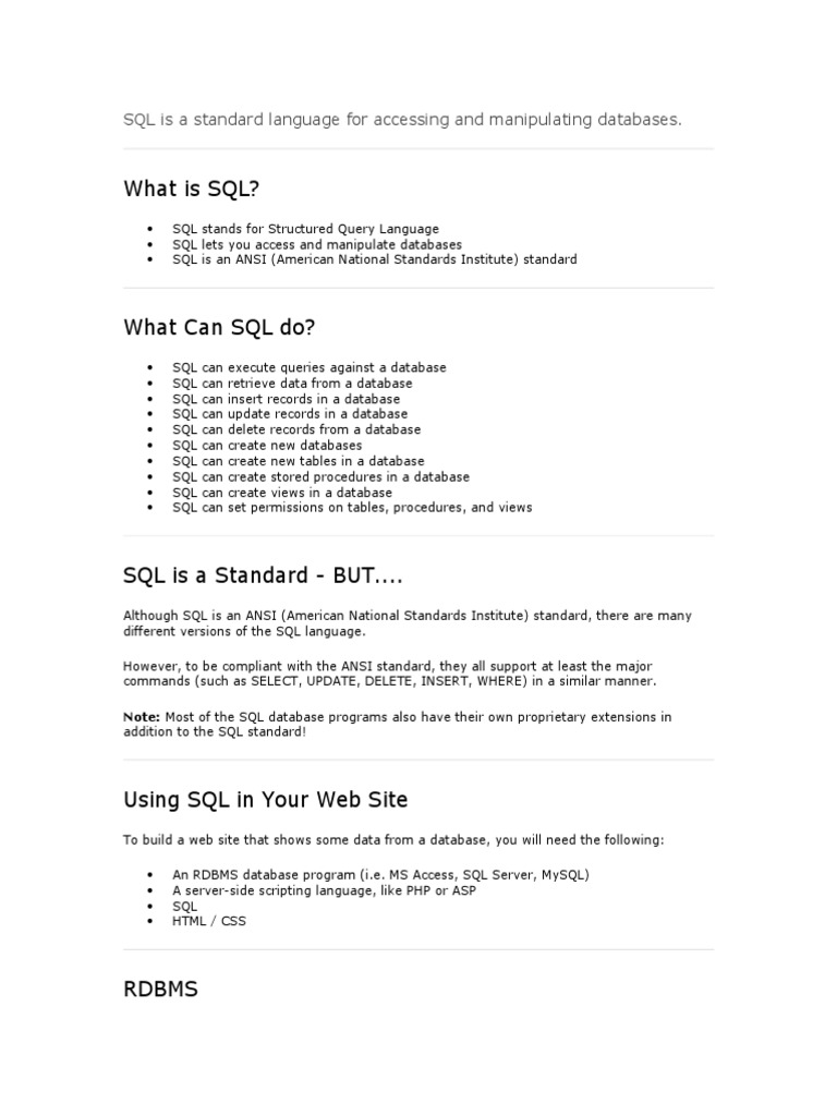 What Is Sql Sql Is A Standard Language For Accessing And Manipulating Databases Pdf