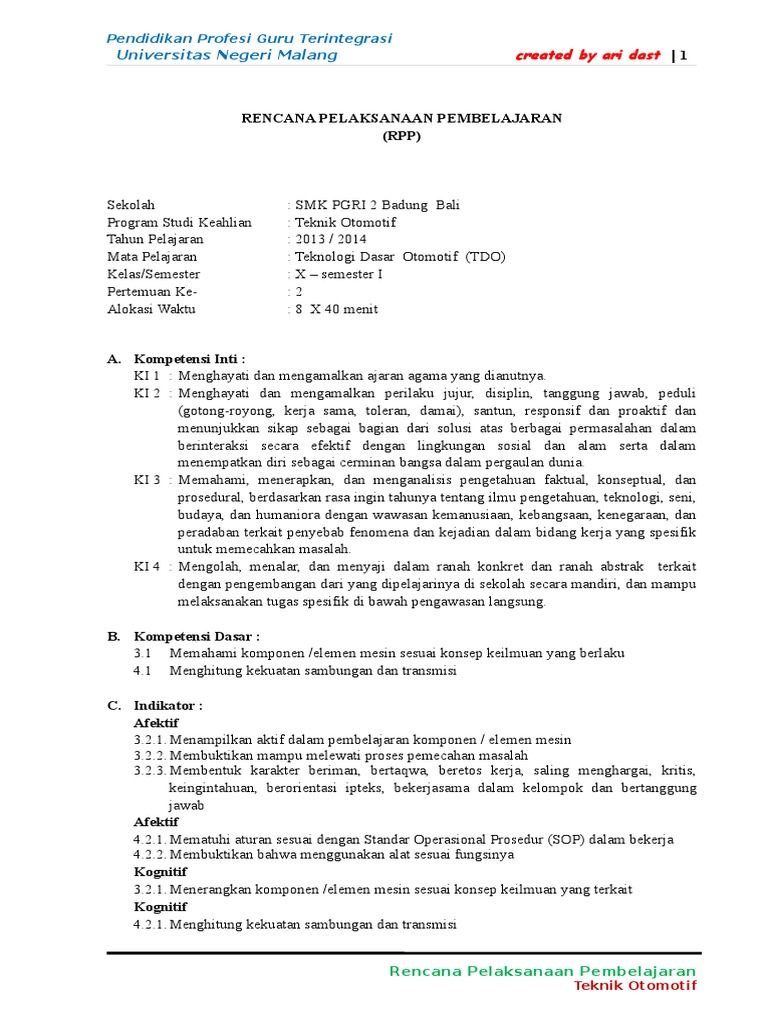 Contoh RPP SMK Pemeliharaan Kelistrikan Kendaraan Ringan 11 | PDF