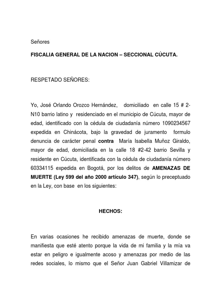 Modelo de Denuncia Penal Por Amenazas | PDF