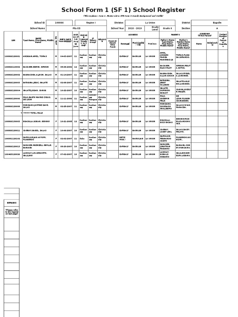 School Form 1 Register for 2018-2019 | PDF