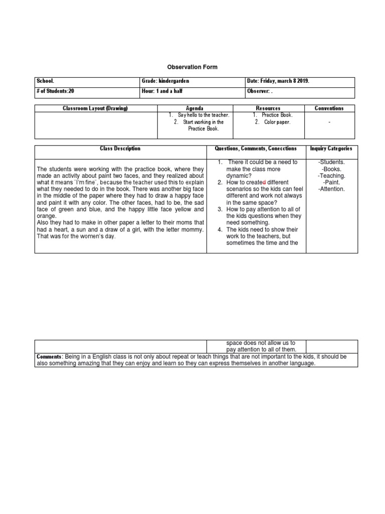 Observation Form Week 5 | PDF | Classroom | Behavior Modification