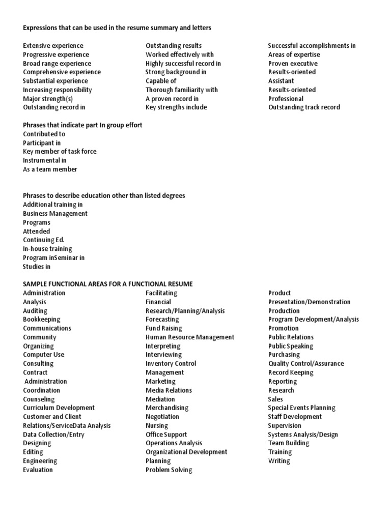 Expressions That Can Be Used in The Resume Summary and Letters | PDF ...