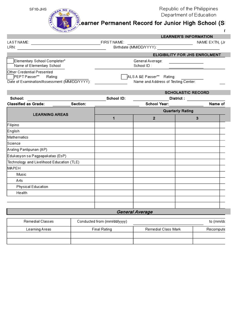 Learner Permanent Record For Junior High School (SF10-JHS) : Republic of The Philippines ...