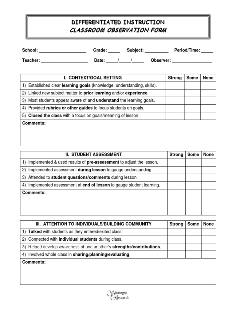 Classroom Observation Form | PDF | Educational Assessment | Education ...