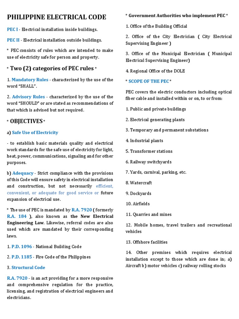 Pec Summary | PDF | Electrical Wiring | Fuse (Electrical)