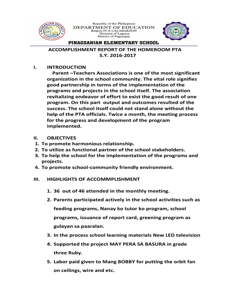 Homeroom PTA Accomplishment Report 2016-2017 | PDF | Behavior ...