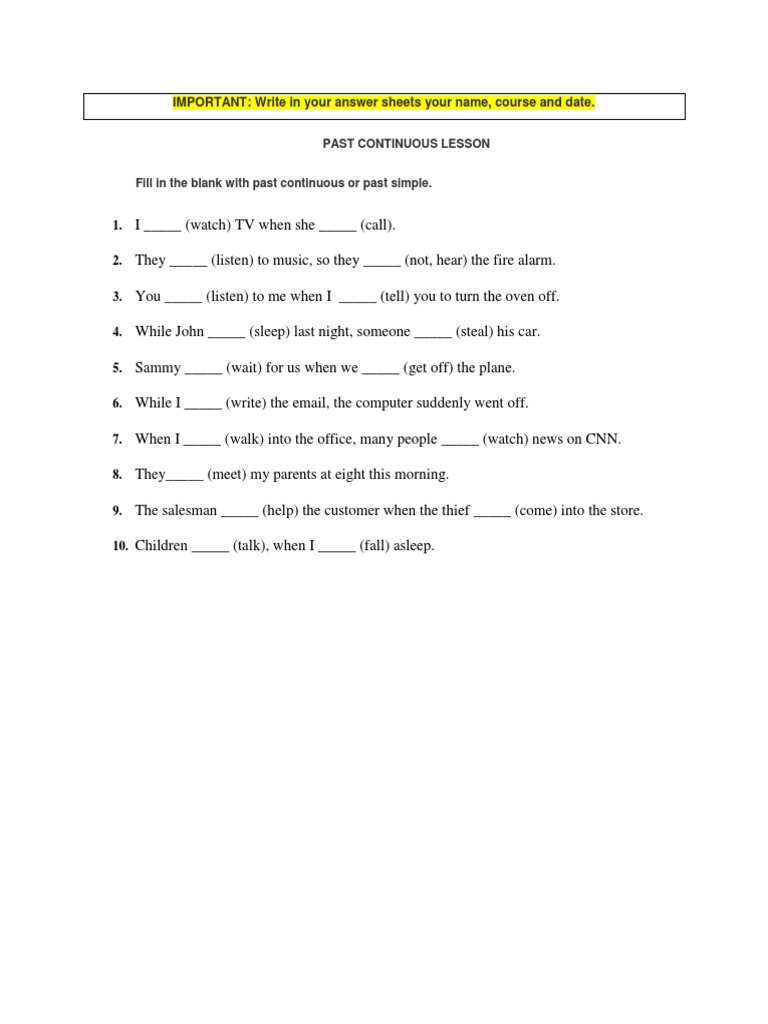 Past Continuous and Past Simple Practice Exercise | PDF