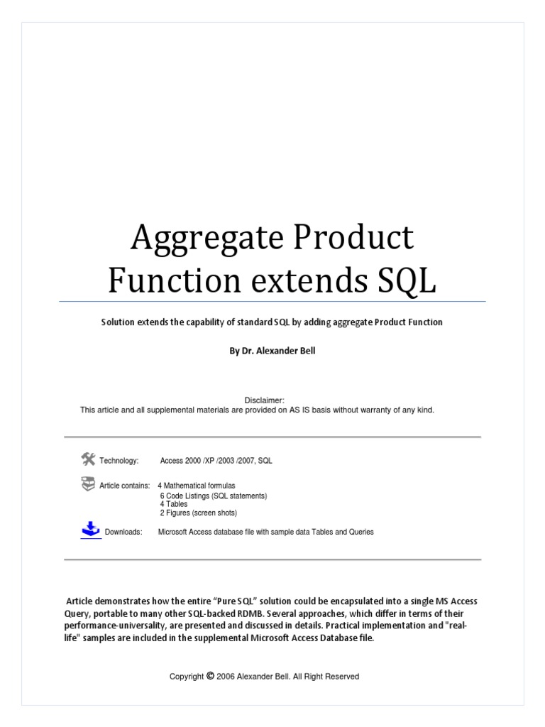 Aggregate Product Function Extends SQL | PDF | Microsoft Access | Sql
