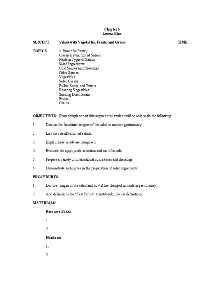 Lesson Plan Subject: Salads With Vegetables, Fruits, and Grains Time ...