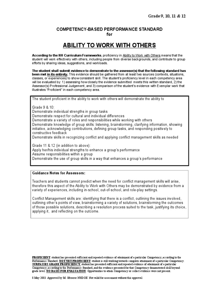 Ability To Work With Others: Grade 9, 10, 11 & 12 Competency-Based Performance Standard For ...