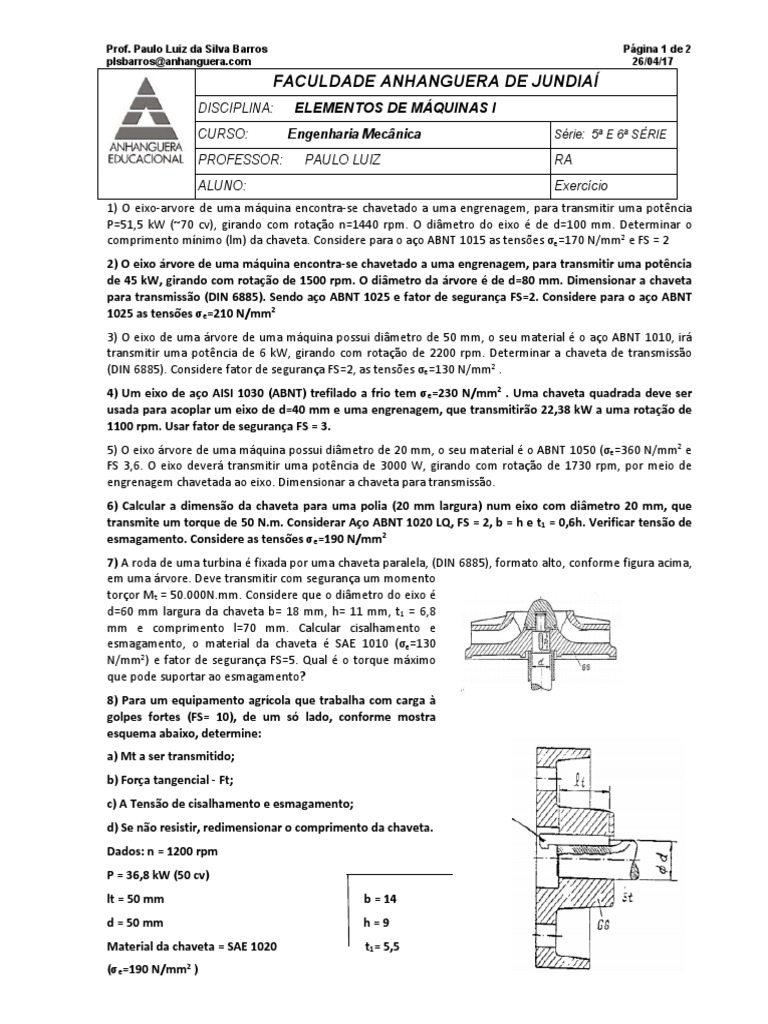 Cálculo de Chavetas | Estresse (Mecânica) | Transmissão (Mecânica)