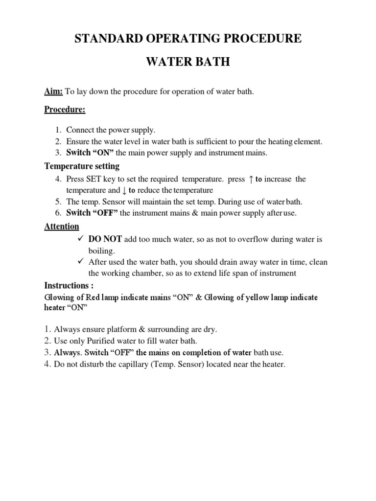 Water Bath Standard Operating Procedure | PDF