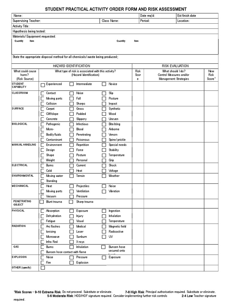 Student Practical Activity Order Form and Risk Assessment: Quantity ...
